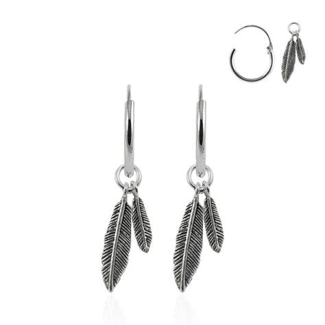 925 Sterling Silver Dangling Double Feather Hinged Hoop Pair Karma