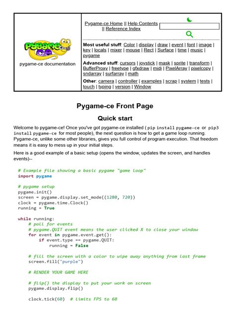 Pygame Ce Front Page Pygame Ce V2 5 3 Documentation Pdf Rendering Computer Graphics