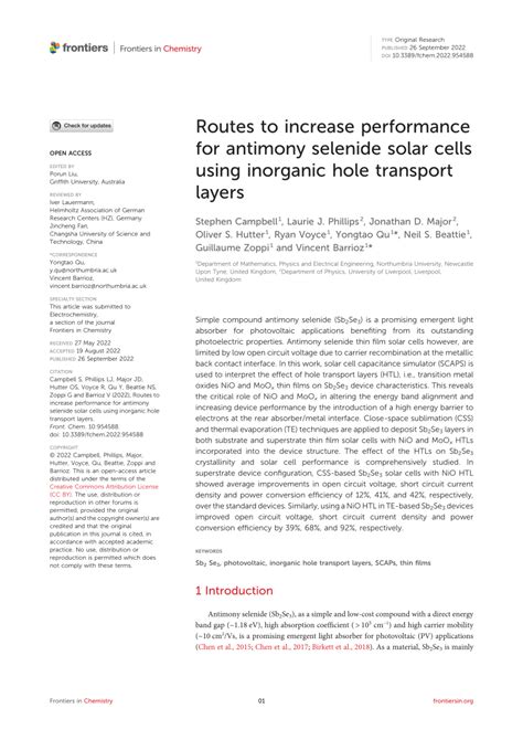 Pdf Routes To Increase Performance For Antimony Selenide Solar Cells Using Inorganic Hole