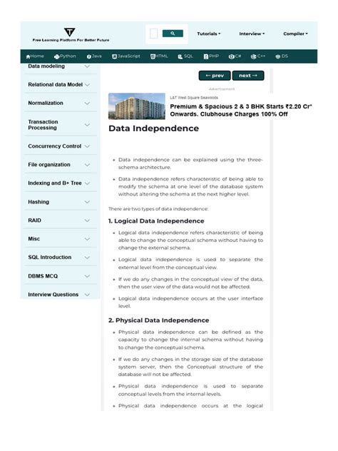 Dbms Data Independence Javatpoint Pdf Databases Computing