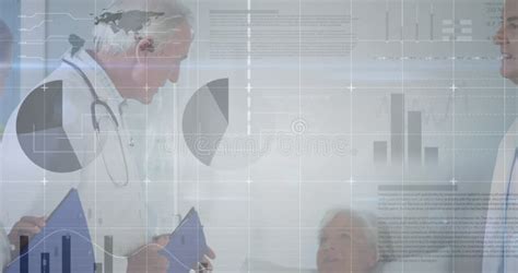 Animation Of Infographic Interface Diverse Doctors Examining Female Patient And Discussing