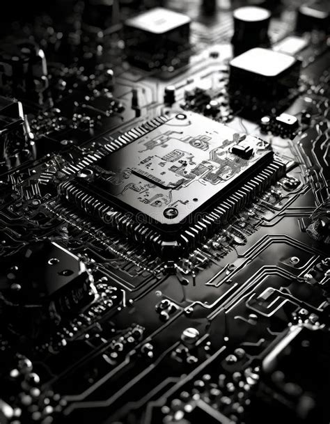 Close Up Of A Black Microchip On A Circuit Board In Monochrome Stock