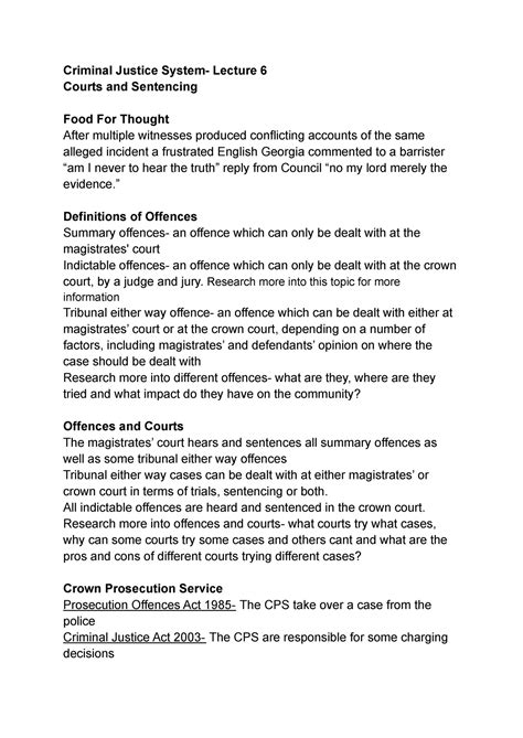 Cjs Lecture 6 Criminal Justice System Lecture 6 Courts And Sentencing Food For Thought After