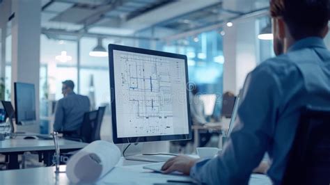 engineer working on computer with detailed architectural plans on