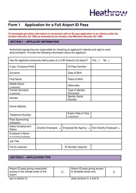 Form 1 Application For A Full Or 30 Day Heathrow Airport