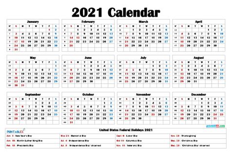 Printable 2021 Calendar Holidays Yearly Britannic 4 Federal