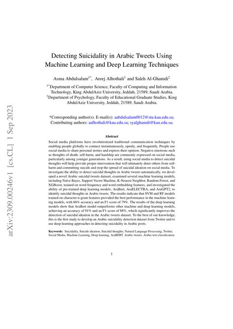 Pdf Detecting Suicidality In Arabic Tweets Using Machine Learning And Deep Learning Techniques