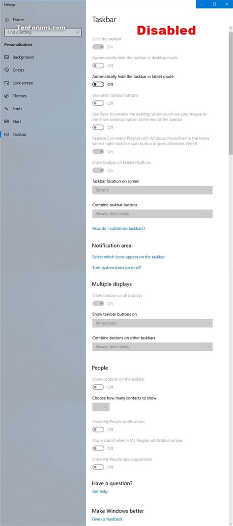 Enable Or Disable Taskbar Settings In Windows 10 Tutorials