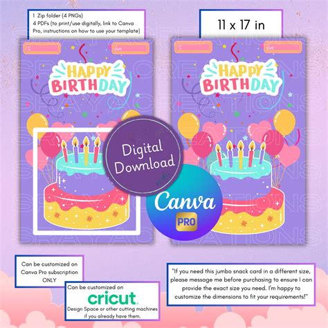 Jumbo Birthday Snack Card Template Birthday Cake Balloons Design 11x17in And 17x11in
