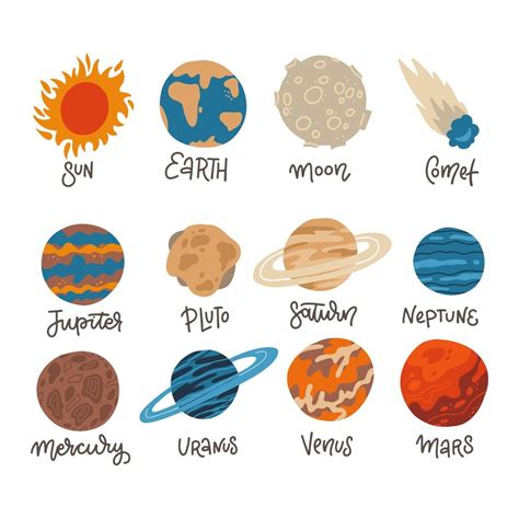 Gran Conjunto De Iconos De Planetas Del Sistema Solar Sol Y Luna Sobre