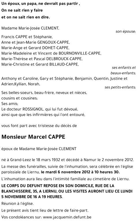 Avis De Décès De Marcel Cappe Décédé Le 02 11 2012 à Namur Annonce Condoléances Fleurs Etc