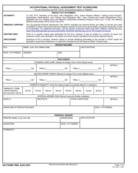 Da Form 7888 Occupational Physical Assessment Test Scorecard