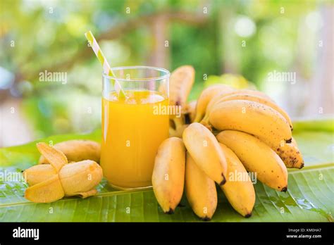 Bunch Of Bananas On Leaf With Smoothie Juice Drink In Glass Tropic