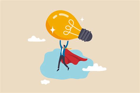 비즈니스 성공 초강력 또는 창의성을 향상시켜 비즈니스 경쟁 혁신 또는 상상력 개념 천재 사업가 슈퍼 히어로가 큰 전구 아이디어를 들고 비행하는 큰 아이디어 슈퍼히어로에 대한