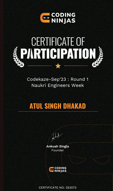 Thanks Coding Ninjas For This Fabulous 🤩 Certificate Atul Singh Dhakad