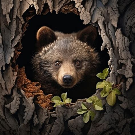 Premium Photo Little Bear Cub Peeking Out From A Hole