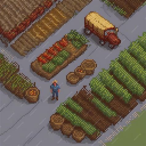 Pixel Art Depicting A Charming Farm Scene With A Tractor And Hay Bales