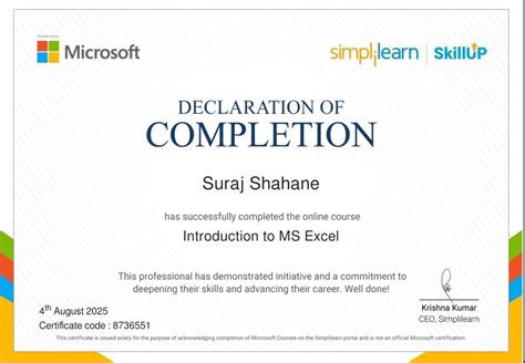 Completed Introduction To Ms Excel Certification By Simplilearn Suraj Shahane Posted On The