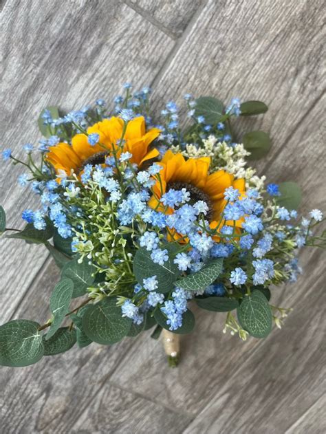 Light Blue And Sunflower Bouquet Etsy Sunflower Wedding Bouquet