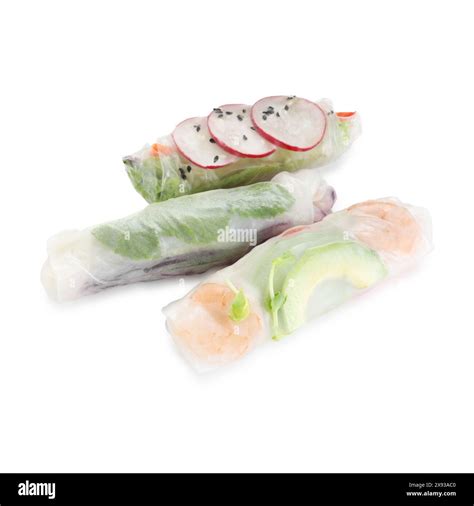 Delicious Spring Rolls Wrapped In Rice Paper Isolated On White Stock