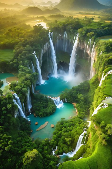 Ban Gioc Falls Aerial Dawn Misty Dawn At Ban Gioc Detian Falls A