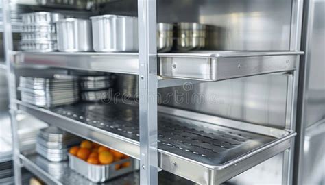 In The Kitchen There Is A Stainless Steel Shelf Holding Containers And