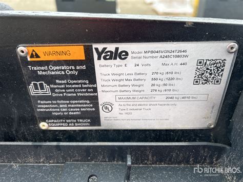 2022 Yale Mpb045vgn24t2646 4510 Lb Electric Transpalette Ritchie Bros