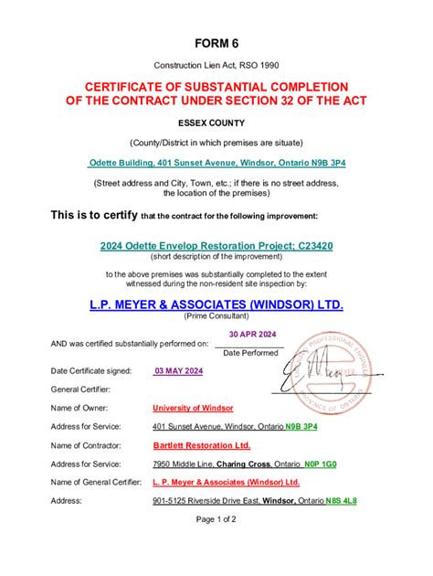 Fillable Online Form 6 Certificate Of Substantial Completion Of The