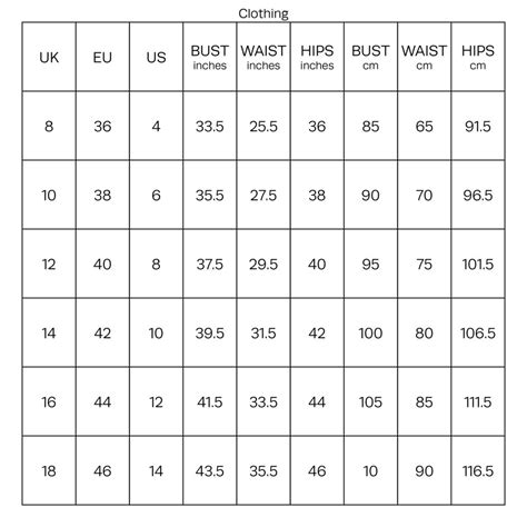 Uk Clothing Size Chart Inches