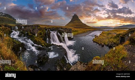 Famous Picturesque Kirkjufell Mountain And Kirkjufellsfoss Waterfall