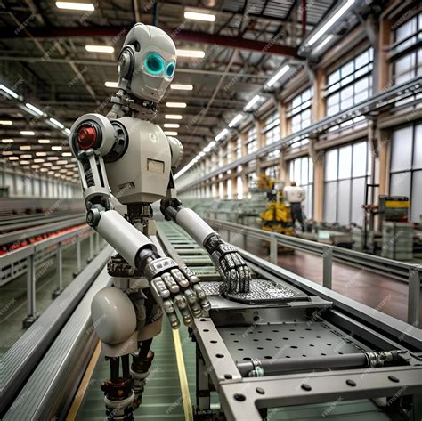 A Futuristic Robot Diligently Works On An Assembly Line In A Modern Factory Premium Ai