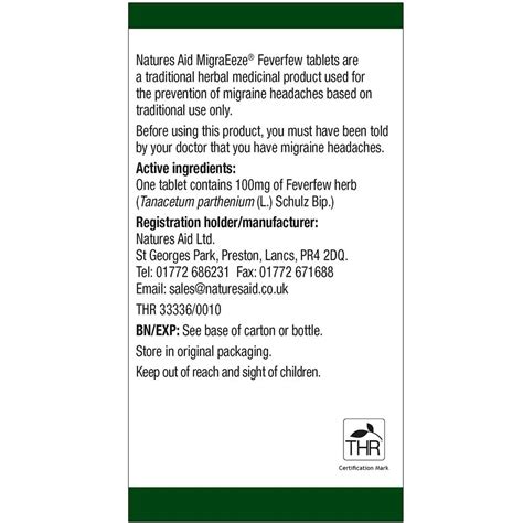 Natures Aid Migraeeze Feverfew Tablets 60 Film Coated Tablets