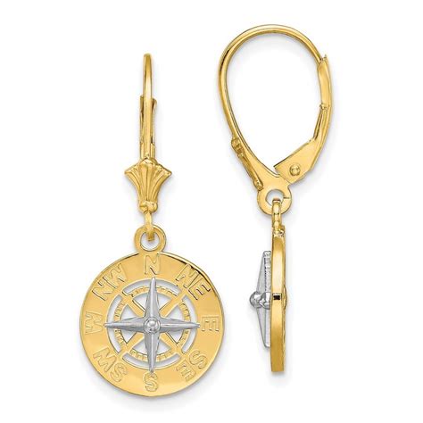 14k Gold Mini Nautical Compass Lback Earrings White Needle 305mm Long
