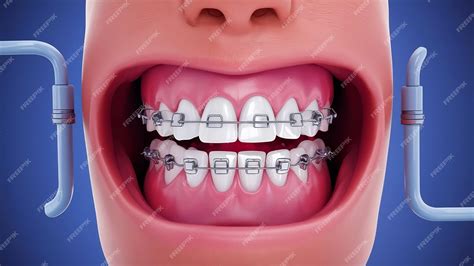 Premium Photo Close Up Process Health Teeth With Brace Selective Focus 3d Render
