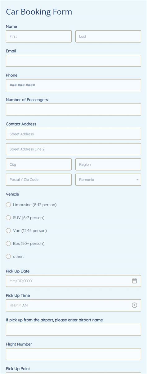 Car Booking Form Template 123formbuilder