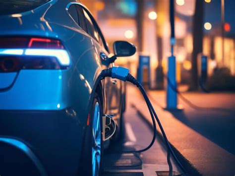 흐릿한 Nat에 전원 케이블 공급 장치가 연결된 충전소의 Ev 자동차 또는 전기 자동차 프리미엄 사진