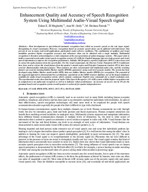 Pdf Enhancing Quality And Accuracy Of Speech Recognition System By Using Multimodal Audio