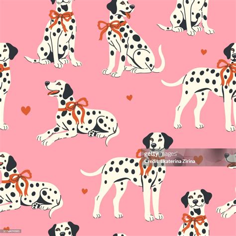 Seamless Pattern With Dalmatian Dogs With Red Ribbons On Their Necks On