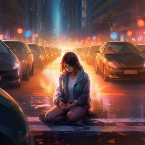 Premium Photo Anime Girl Sitting On The Street At Night With Cars In