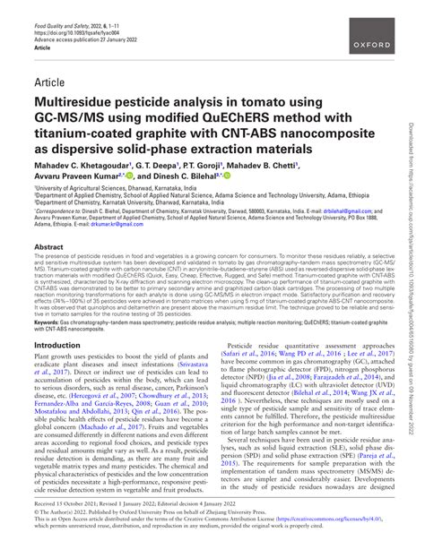 Pdf Multiresidue Pesticide Analysis In Tomato Using Gc Msms Using Modified Quechers Method