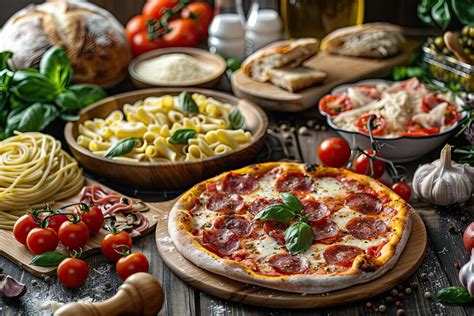 Assorted Italian Food Pizza And Pasta Spread At The Table Premium Ai