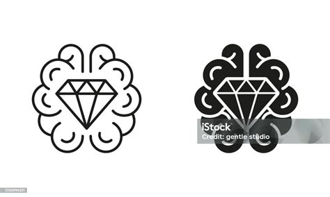 화려한 천재 픽토그램 인간의 뇌 와 다이아몬드 실루엣 와 선 아이콘 세트 창조적 인 똑똑한 아이디어 보석 마음 검은 상징 컬렉션 흰색 배경 고립된 벡터 삽화 검은색에 대한