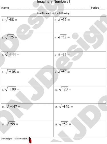 Imaginary Numbers I Printable Handout Homework By Dnjdesigns And Mathman1962
