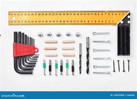Tools For Furniture Assembly On A White Background For Mock Up Template Design View From Above