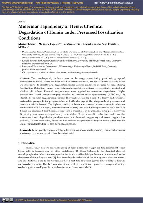 Pdf Molecular Taphonomy Of Heme Chemical Degradation Of Hemin Under