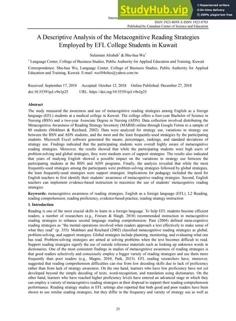 A Descriptive Analysis Of The Metacognitive Reading Strategies Employed