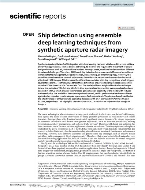 PDF Ship Detection Using Ensemble Deep Learning Techniques From Synthetic Aperture Radar Imagery