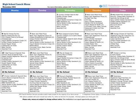 Kunsmiller Creative Arts Academy Lunch Menus For November