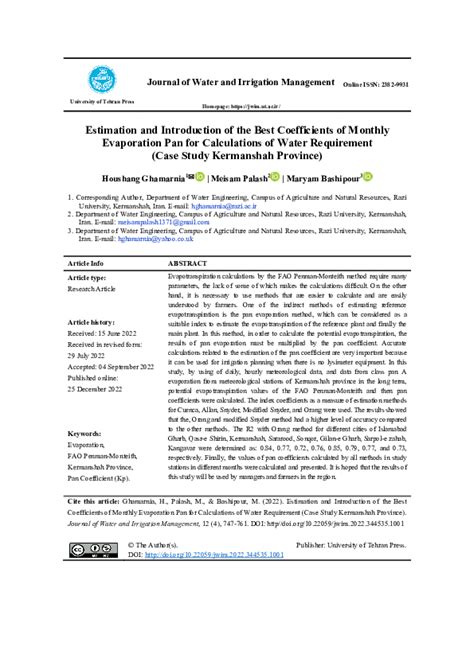 Pdf Estimation And Introduction Of The Best Coefficients Of Monthly Evaporation Pan For
