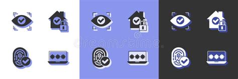 Set Laptop With Password Eye Scan Fingerprint And House Under Protection Icon Vector Stock